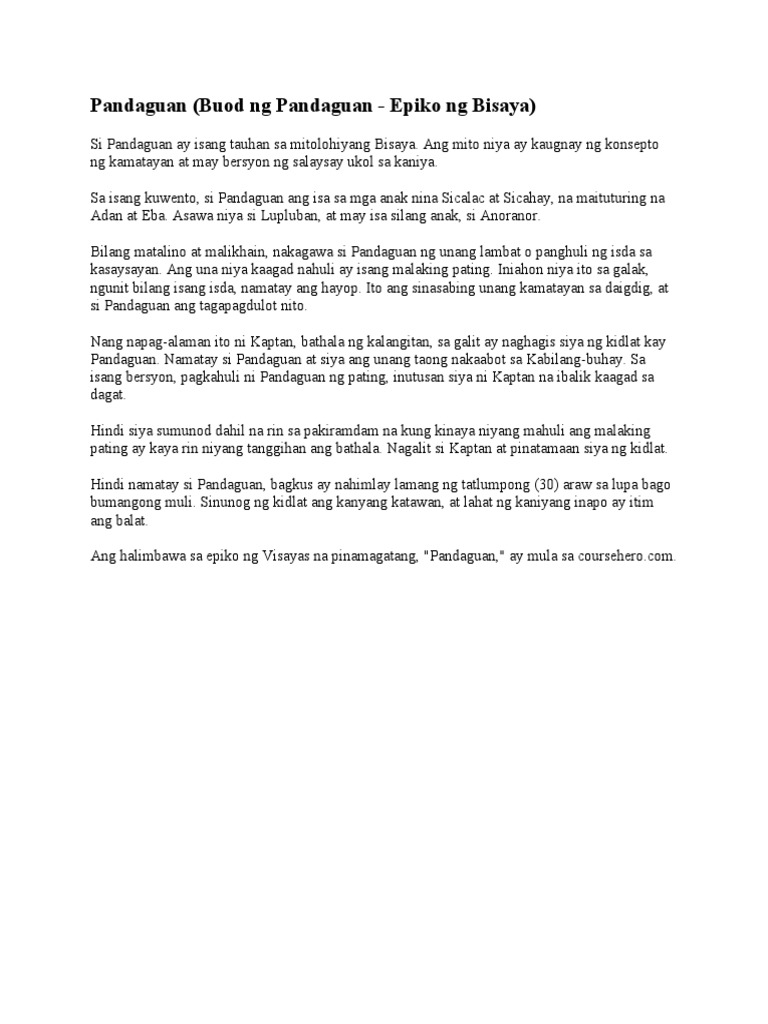 Pandaguan Buod NG Pandaguan Epiko NG Bisaya | PDF