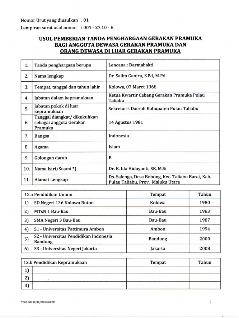 Form TPOD 2023 - Dr. SALIM GANIRU | PDF