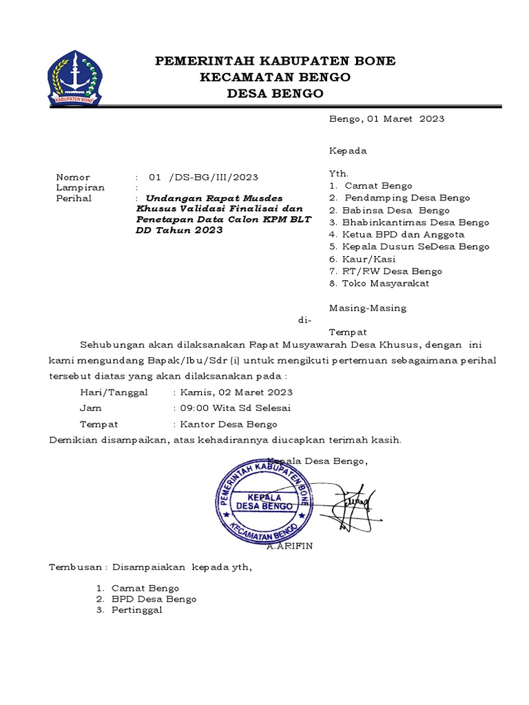 Undangan Rapat Musdes Khusus Validasi Finalisai dan Penetapan Data ...