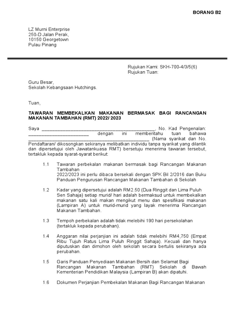 Borang B2 - Surat Setuju Terima Tawaran Membekalkan RMT | PDF
