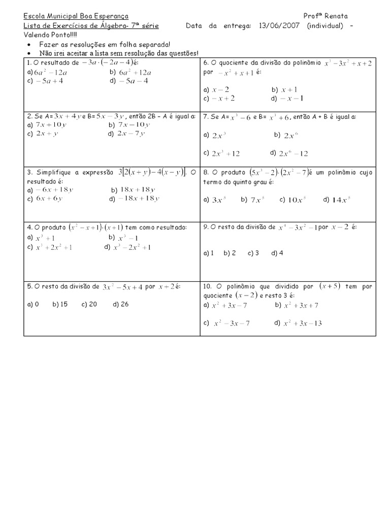 Lista de Exercícios de Álgebra - 7 Série | PDF