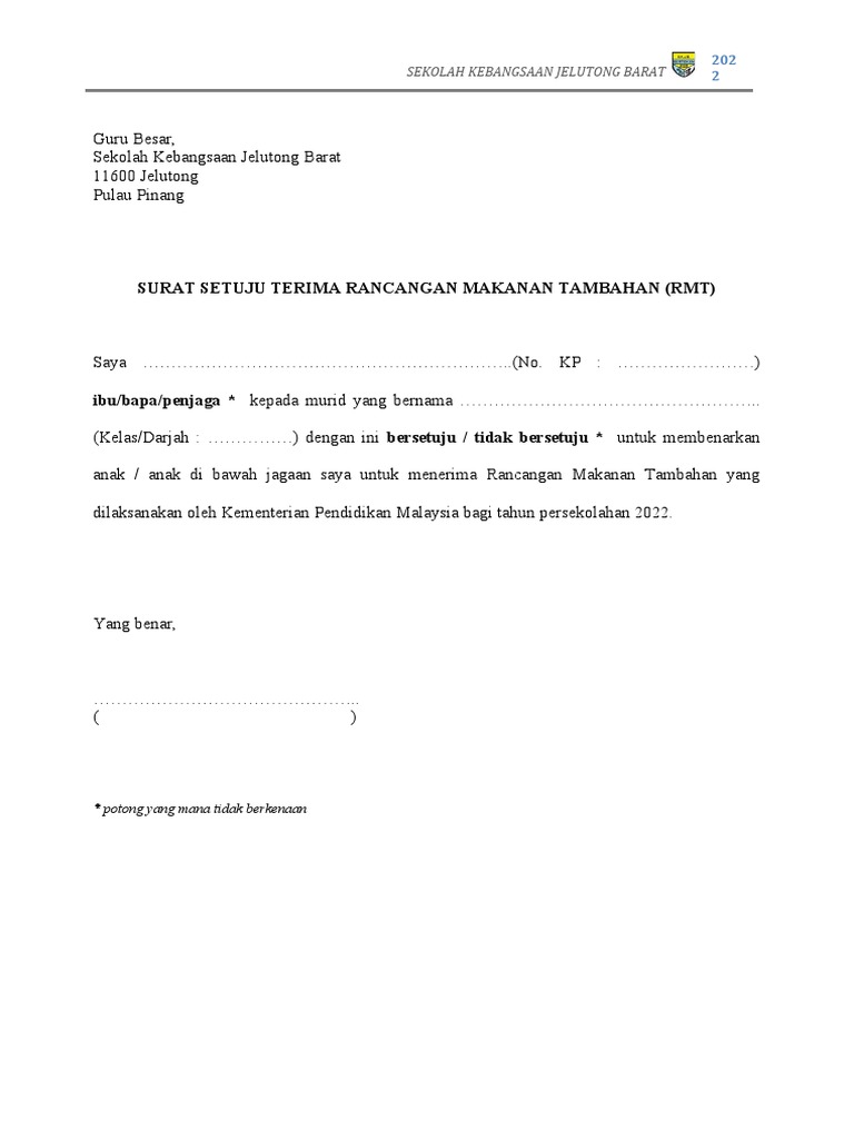 Surat Setuju Terima RMT - Murid | PDF