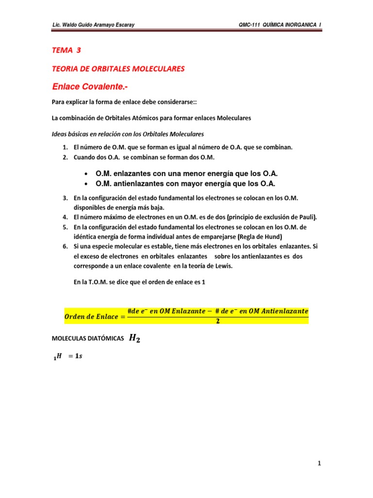 C -TEMA 3 ENLACE COVALENTE | PDF | Enlace químico | Orbital Molecular