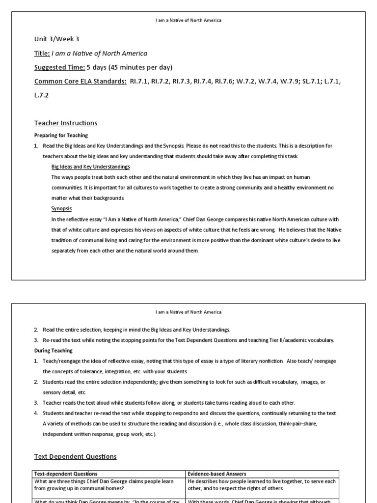 I Am A Native of North America. Lesson - Story | PDF | Essays | Thought