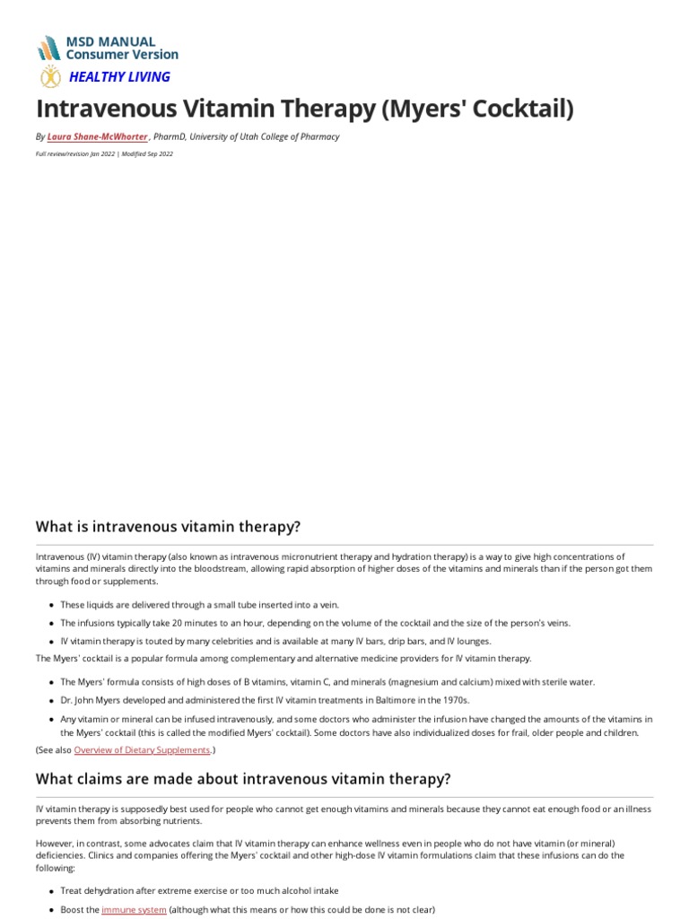 Intravenous Vitamin Therapy (Myers' Cocktail) - Special Subjects - MSD ...
