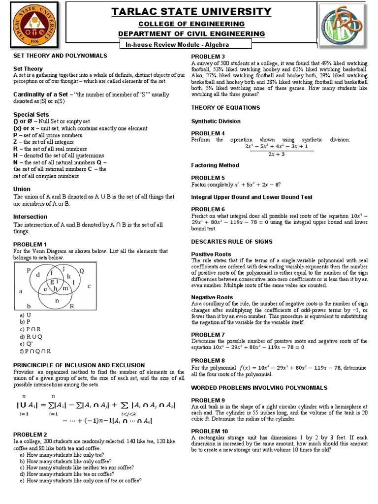 Tarlac State University Civil Engineering Algebra Review Module | PDF ...