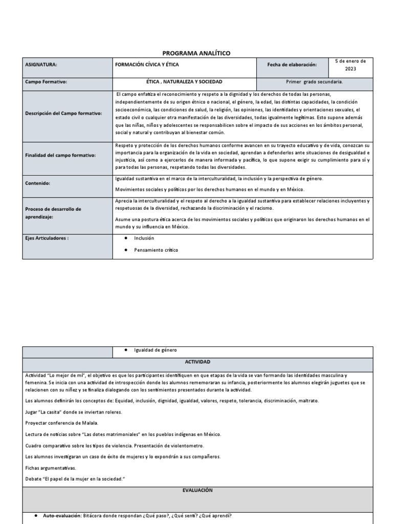 programa analítico primero (2) FORMACION CIVICA Y ETICA.docx | PDF | Inclusión (Educación ...