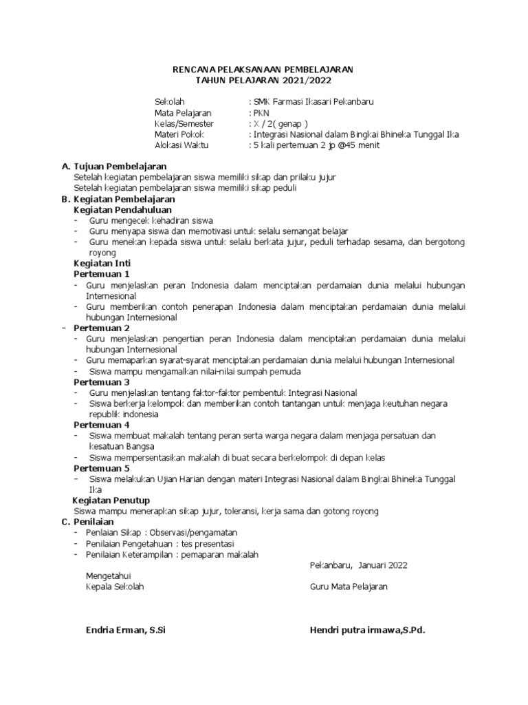 RPP PKN 1 LEMBAR GENAP MGMP | PDF