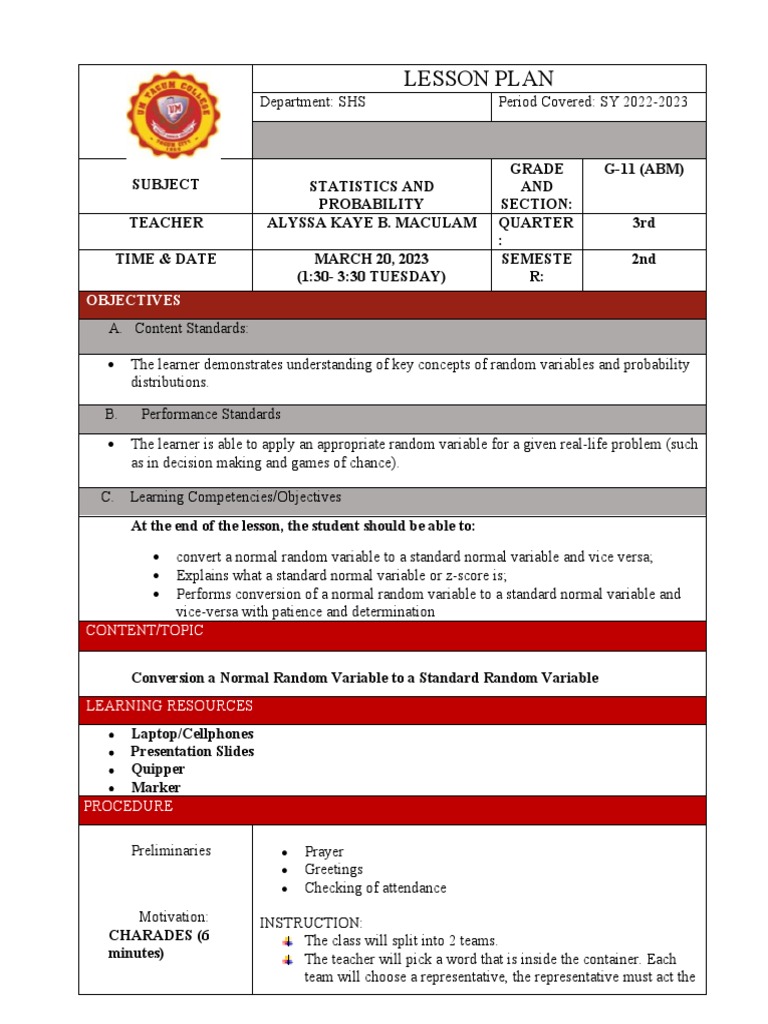 Lesson Plan Yuem SHS | PDF | Mathematics | Standard Deviation