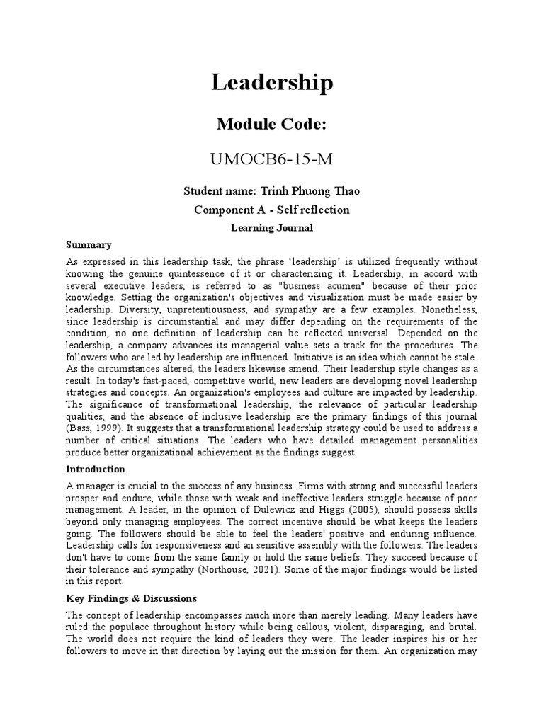 Component A Assignment - Thao Trinh | PDF | Leadership | Transformational Leadership