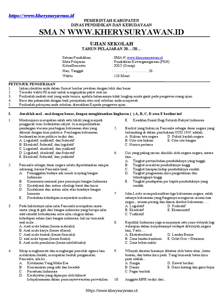 Soal US PKN Kelas XII - WWW - Kherysuryawan.id | PDF | Politik