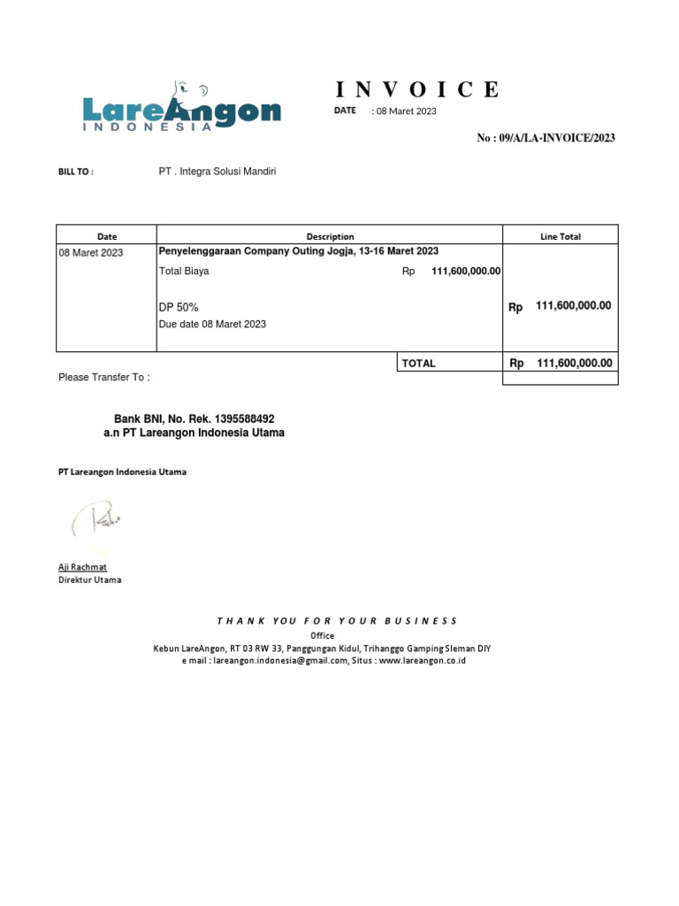 Invoice PT. ISM - DP 50% - Outing Company PDF | PDF