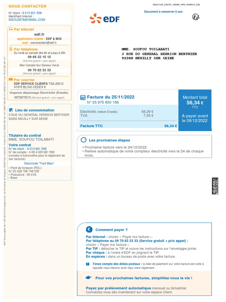 Facture EDF du 25/11/2022 | PDF | Facture