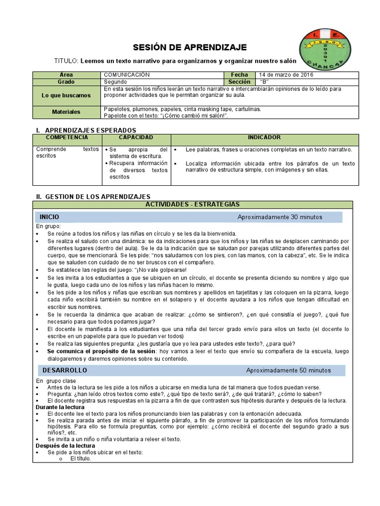 Sesión de Aprendizaje #01 Leemos Un Texto Narrativo para Organizarnos y ...