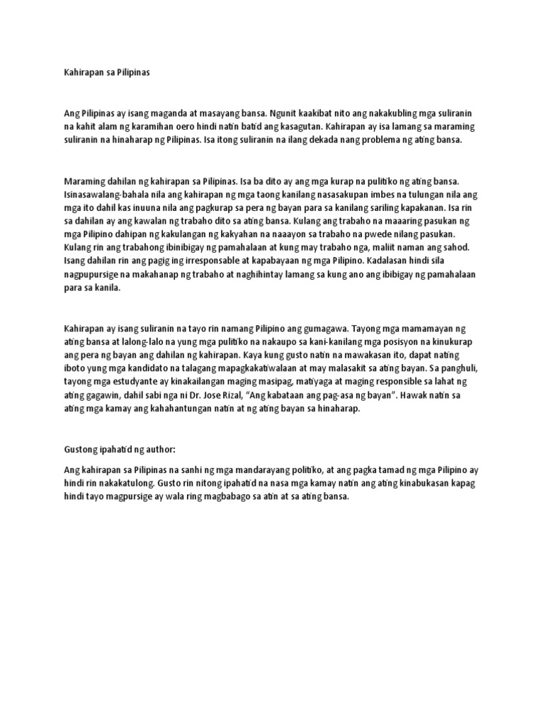 Sanaysay Tungkol Sa Kahirapan | PDF