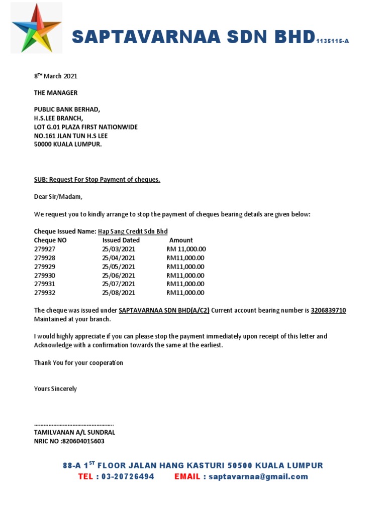 Stop Payment Request for Cheques | PDF