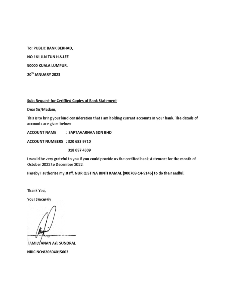 Bank Statent Requesting Letter (SAP) | PDF