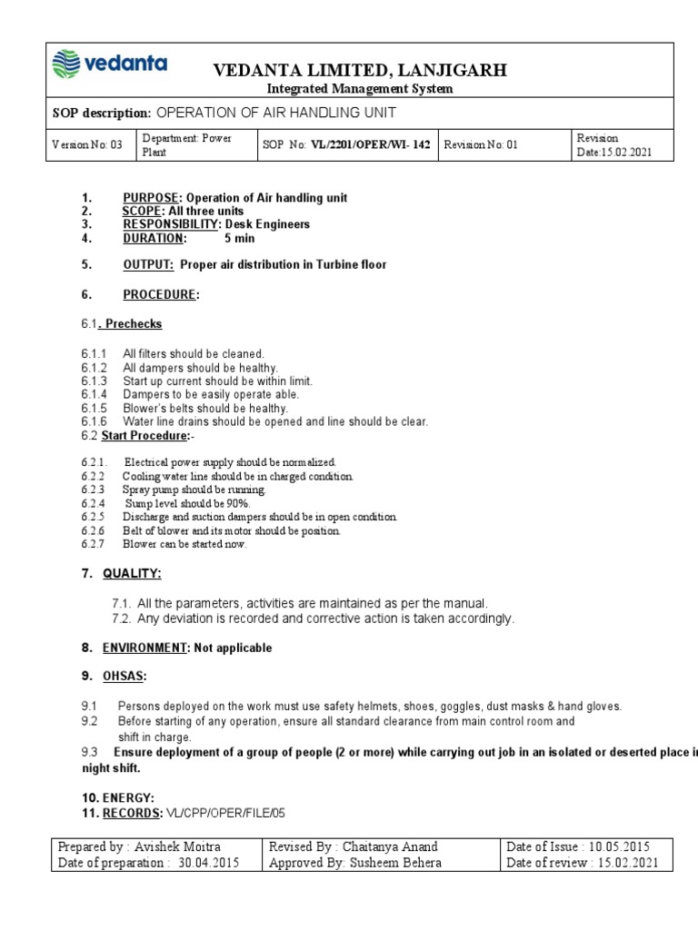 Air Handling Unit SOP | PDF | Equipment | Manufactured Goods