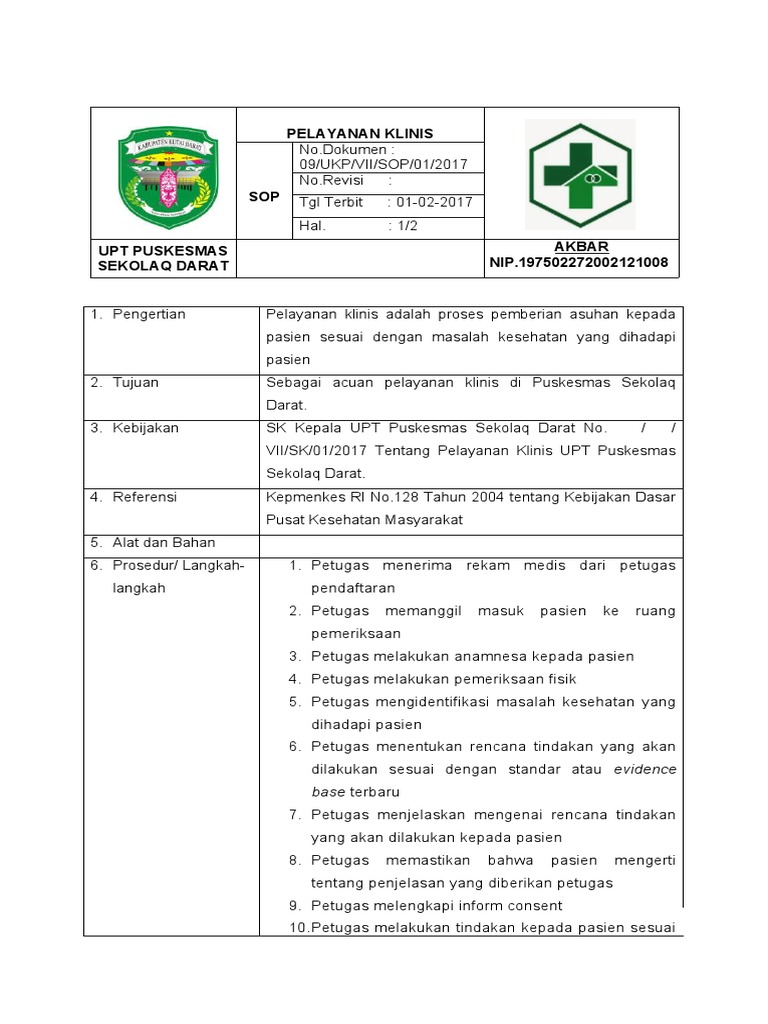 SOP Pelayanan Klinis Puskesmas | PDF | Kesehatan Holistik | Sains & Matematika