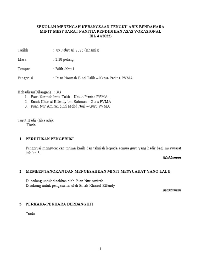 PVMA-Minit Mesyuarat Bil 4 2022 | PDF