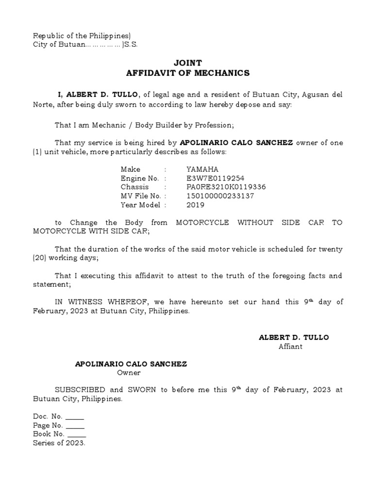 Affidavit of Mechanic | PDF