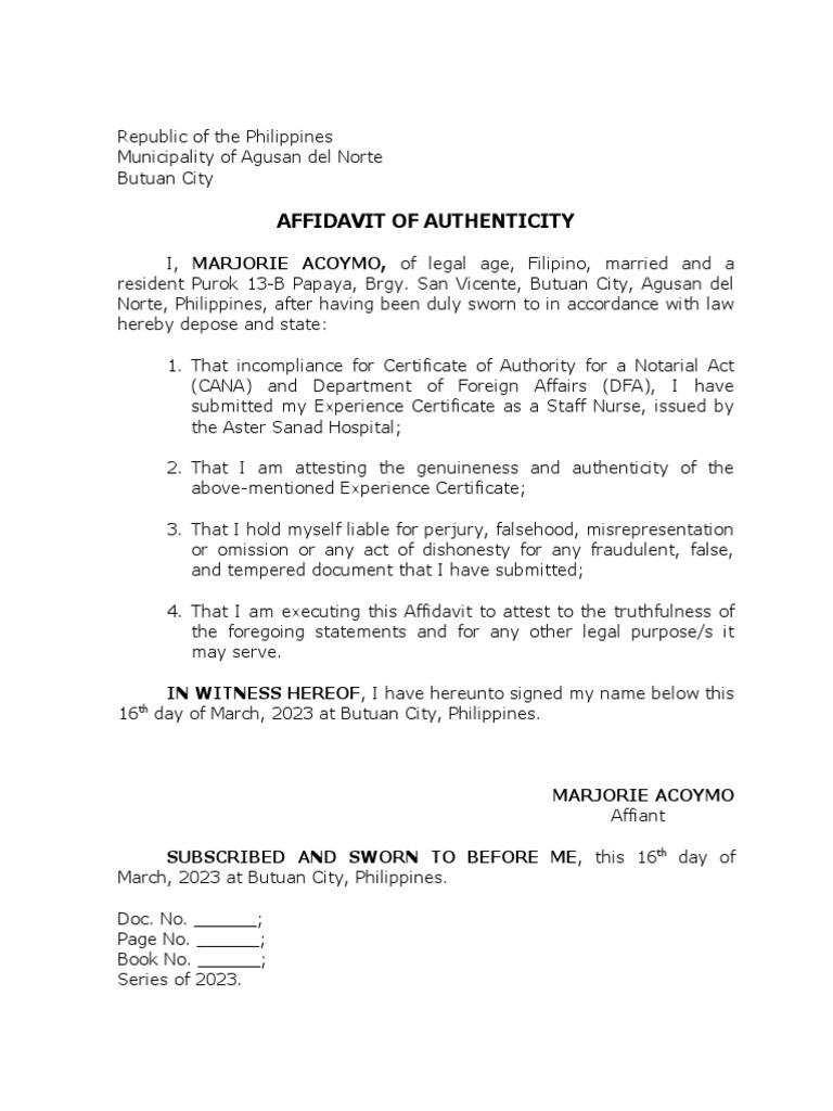Affidavit of Authenticity | PDF