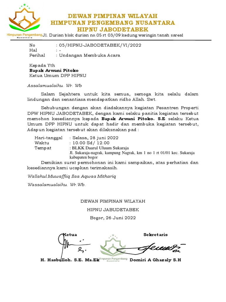 Permohonan Membuka Acara Ketum HIPNU | PDF