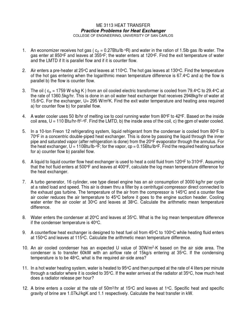 Practice Problems For Heat Exchanger Pdf Heat Exchanger