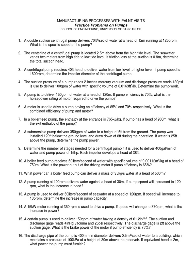 Pump Practice Problems for Engineers | PDF