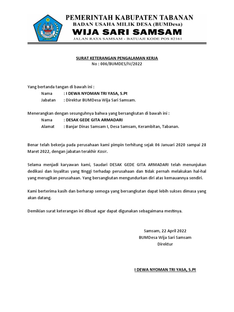 Surat Keterangan Pengalaman Kerja | PDF