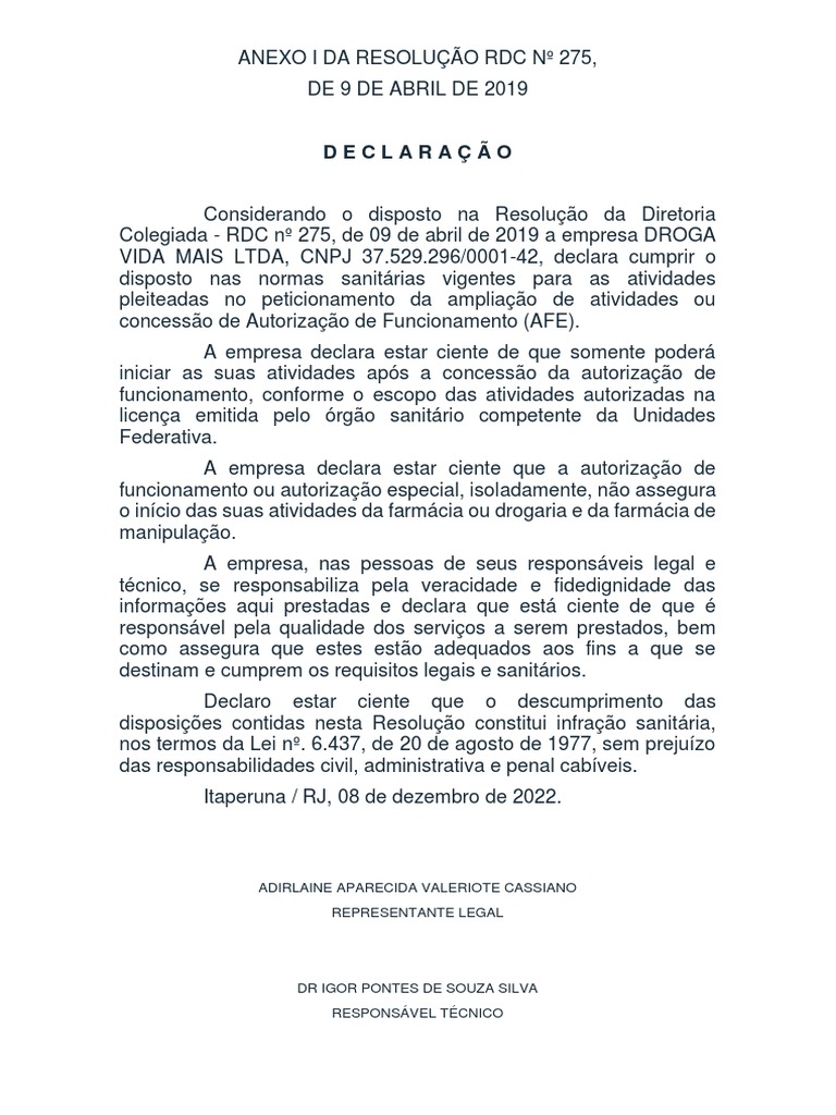 Anvisa Anexo I Da Resolução RDC #275 2 | PDF
