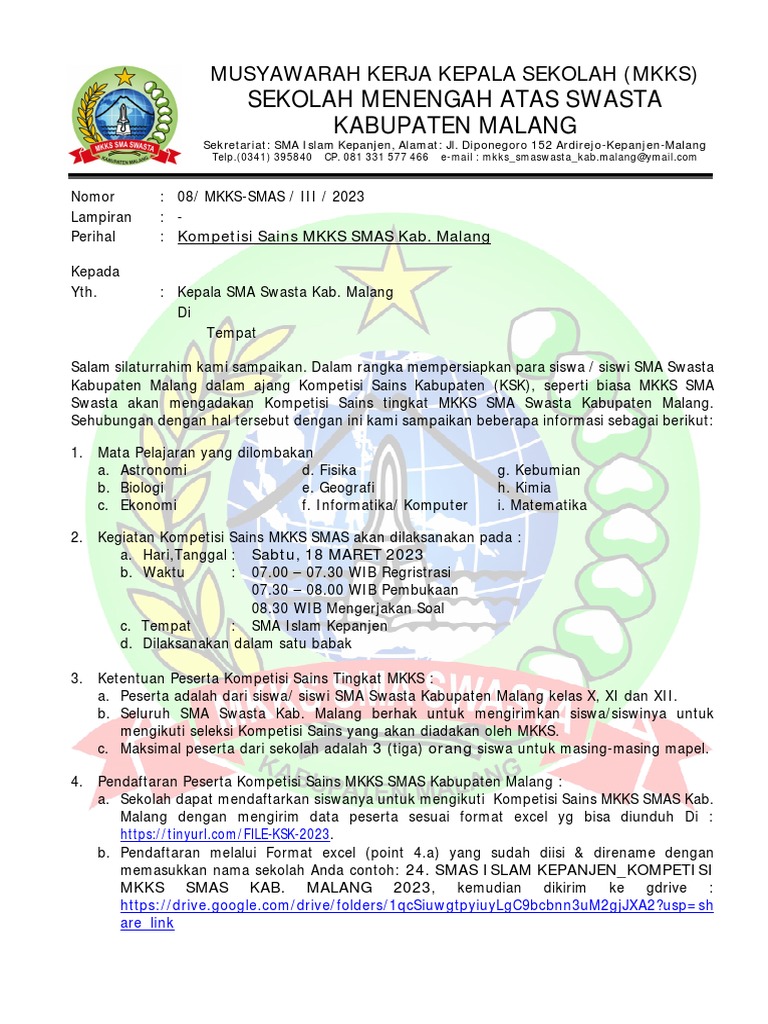 Surat Edaran Kompetisi MKKS SMAS Kab Malang 2023 | PDF
