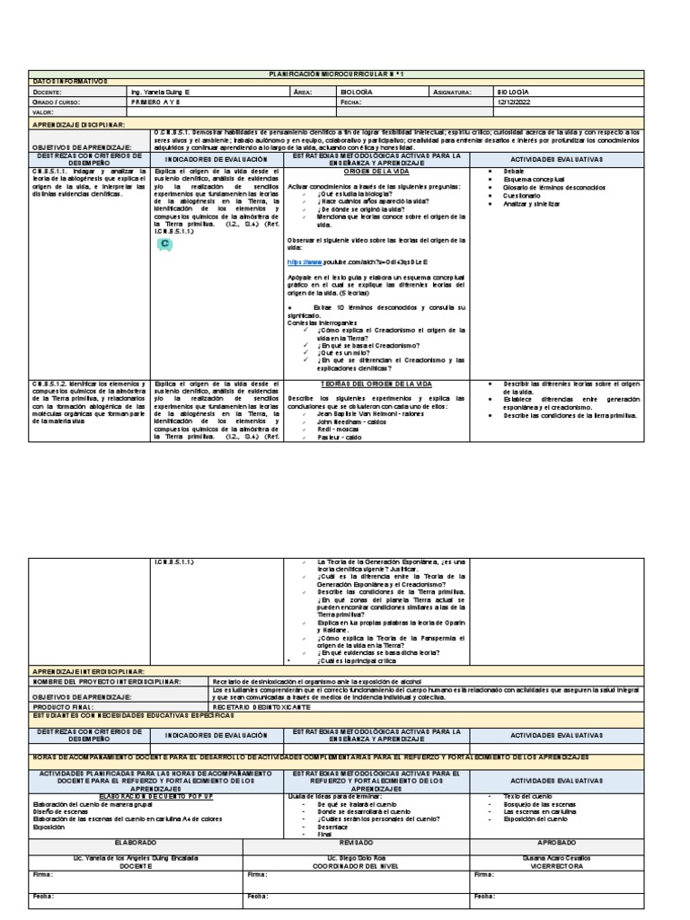 Microplanificación Bio 2p | PDF | Abiogénesis | Aprendizaje