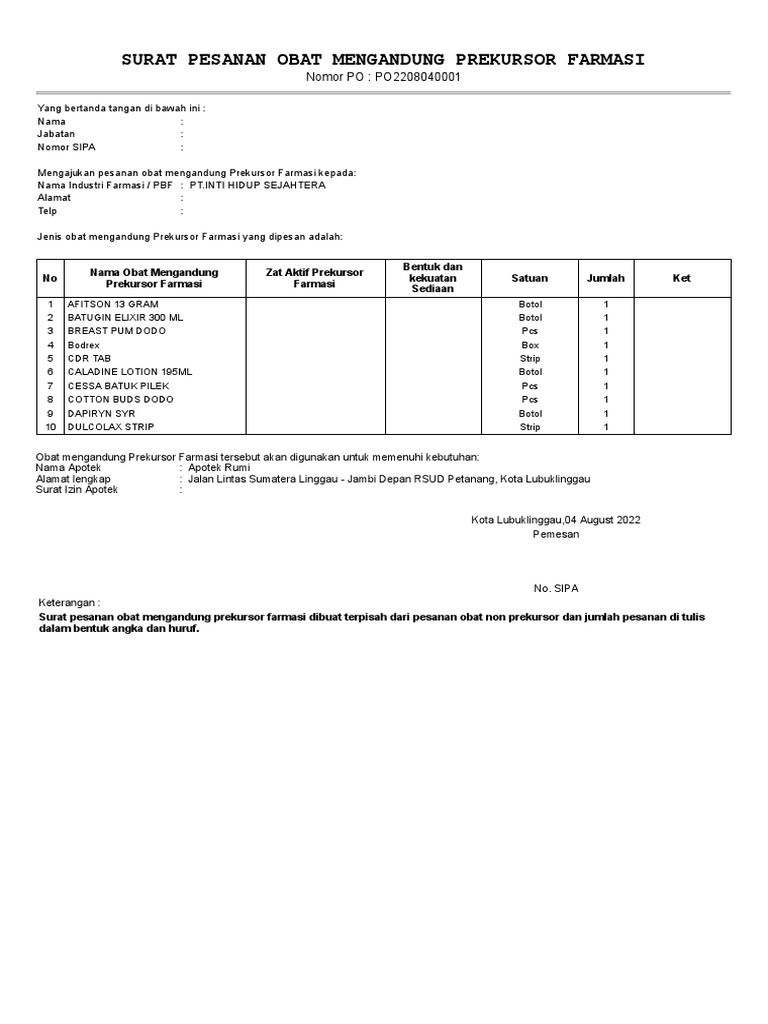 CONTOH SURAT PESANAN OBAT MENGANDUNG PREKURSOR FARMASI | PDF