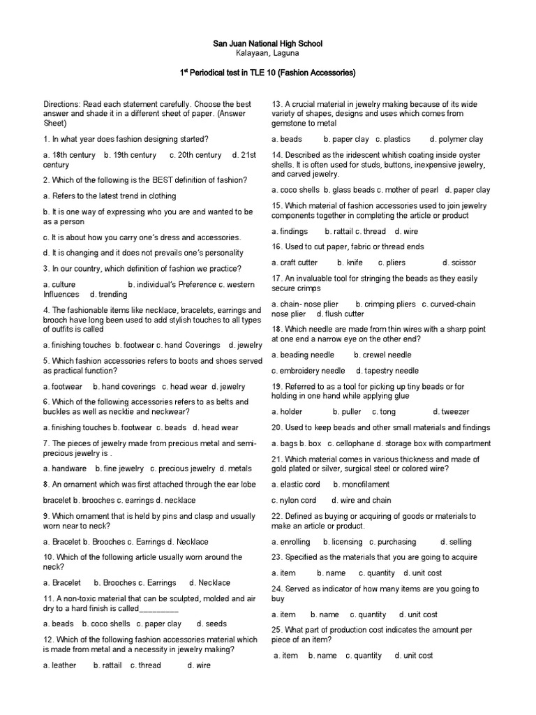 TLE 10 Fashion Accessories Exam Review | PDF | Jewellery | Bead