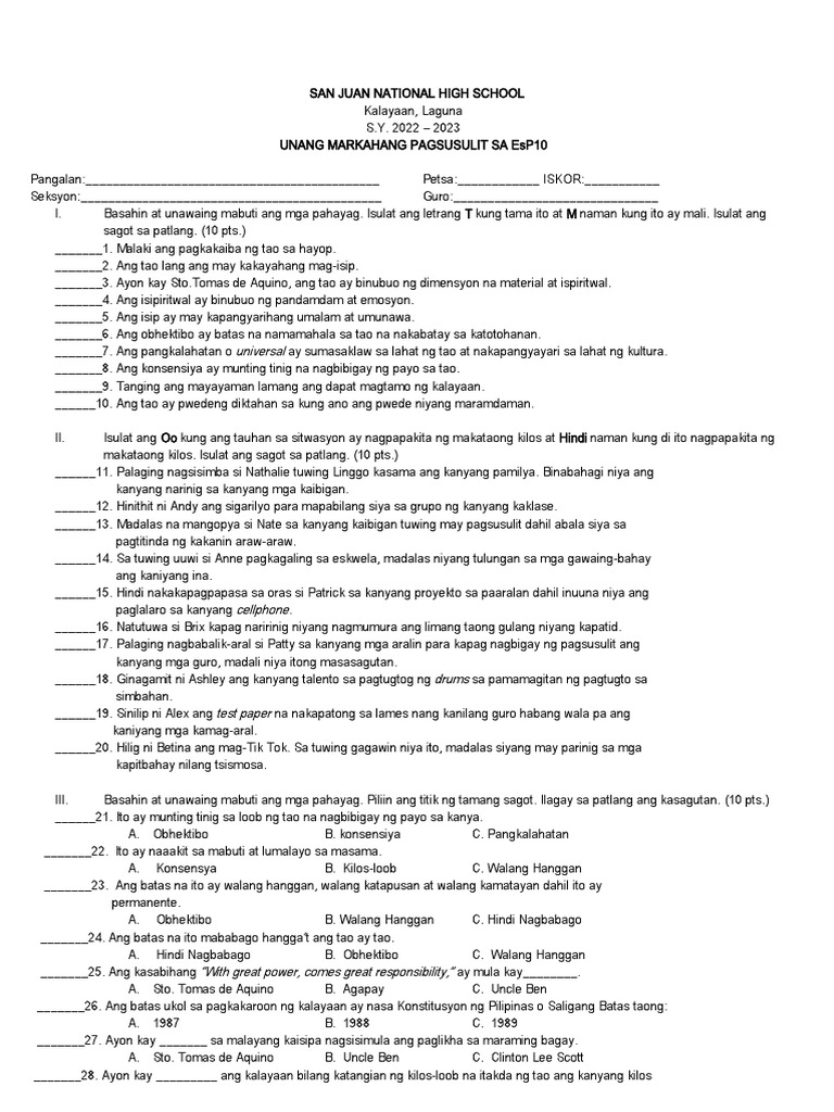 1st Periodical Test EsP10 SY2022 2023 | PDF