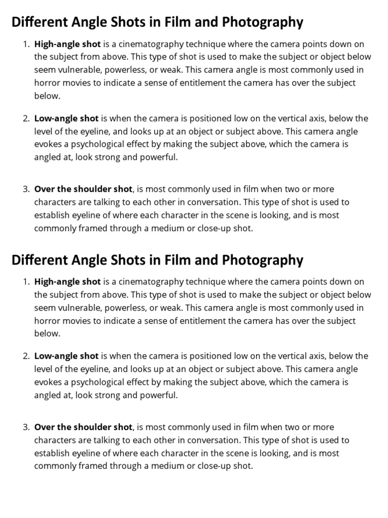 Cinematic Camera Angles Guide | PDF | Cinematography | Filmmaking