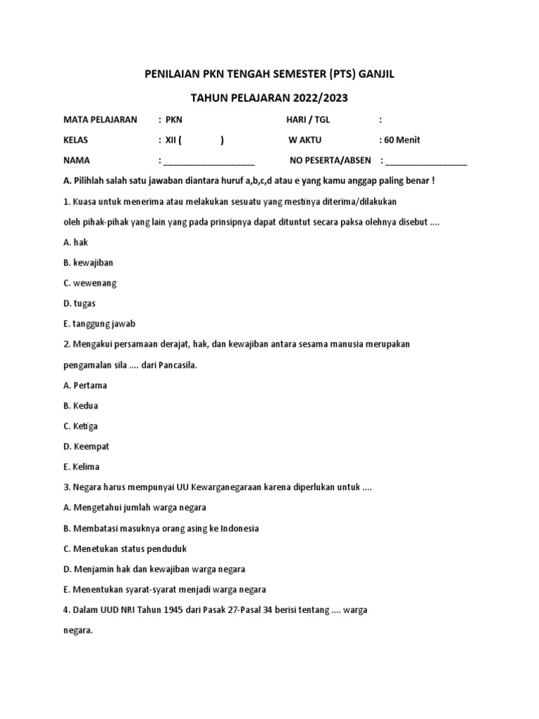 PTS Ganjil PKN Kelas Xii Tahun Ajaran 2022-2023 | PDF | Ilmu Sosial