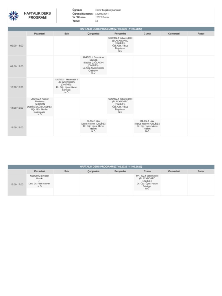 Hafta Lik Ders Program I | PDF