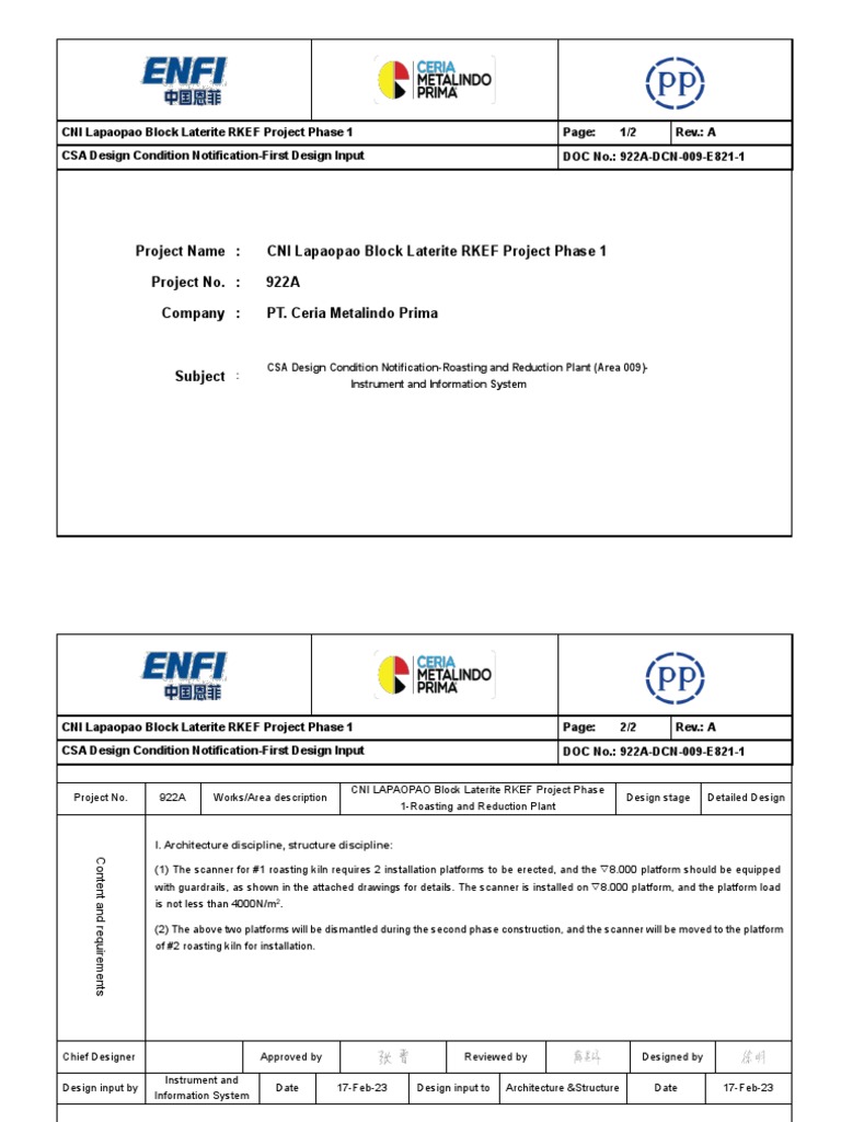 CSA Design Condition Notification-Roasting and Reduction Plant (Area 009) - Instrument and ...