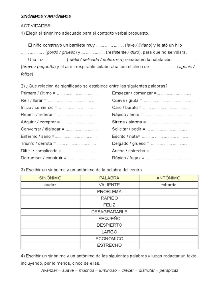 Sinónimos y Antónimos - Ejercicios PDF | PDF