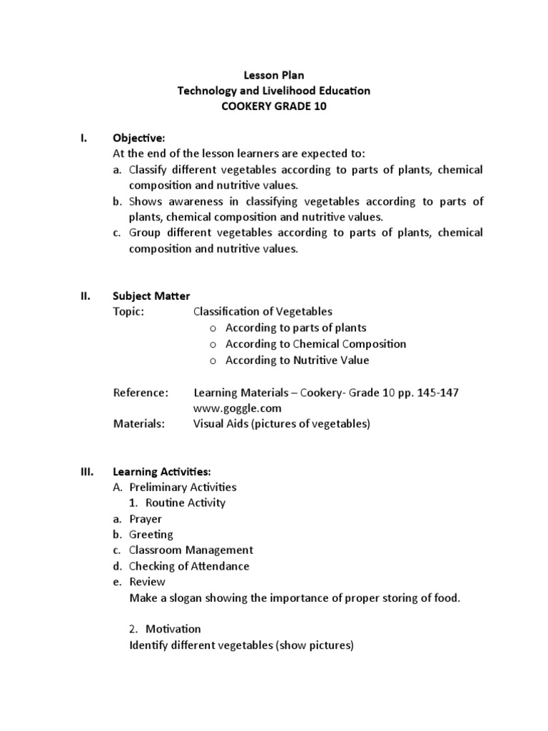 Cookery Lesson Plan | PDF | Vegetables | Plants