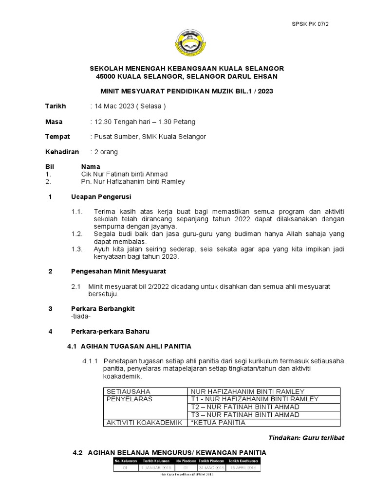 Minit Mesyuarat Kali Pertama 2023 | PDF