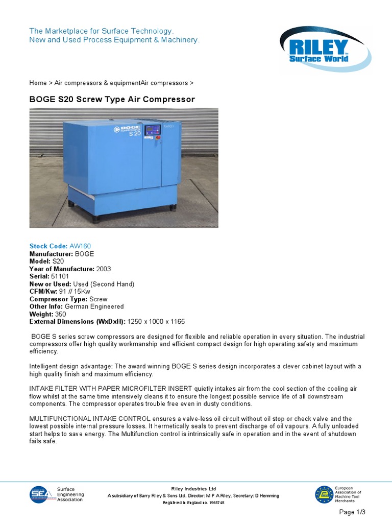 BOGE S20 Screw Type Air Compressor: The Marketplace For Surface ...