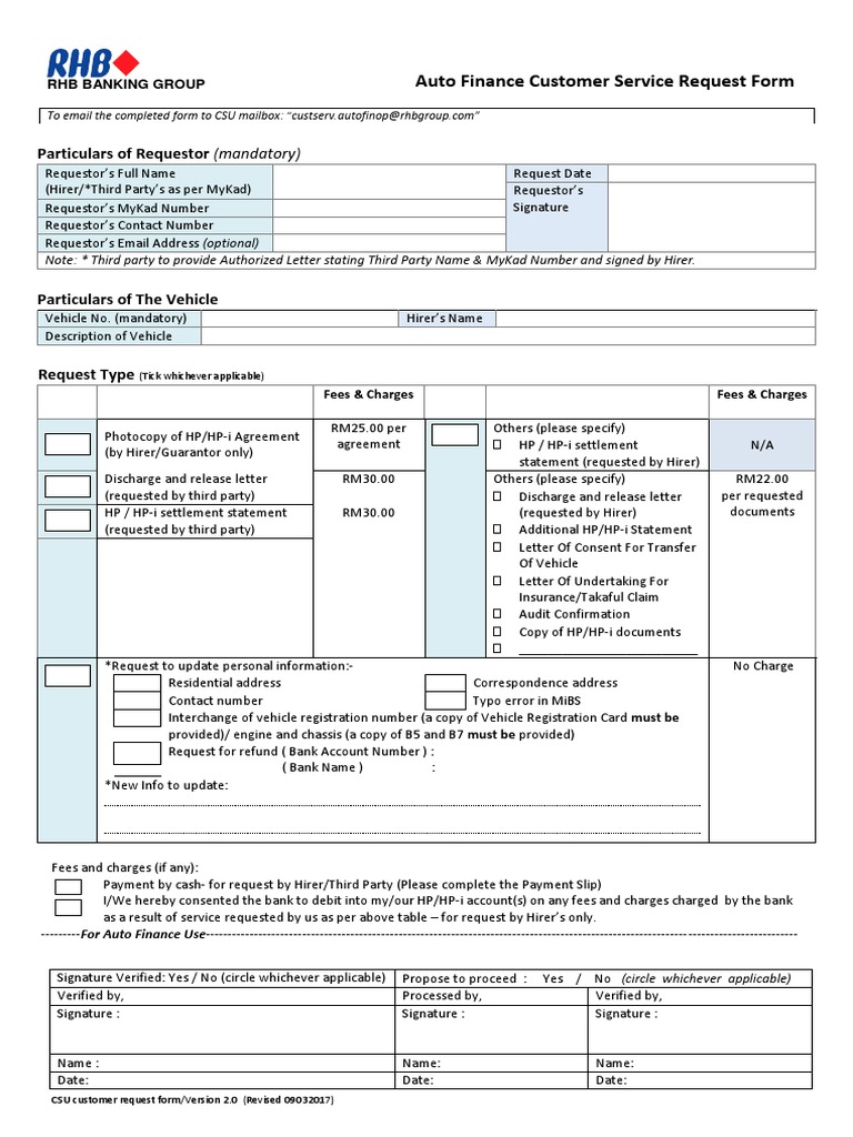 RHB Auto Finance Customer Service Request Form | PDF | Money | Business