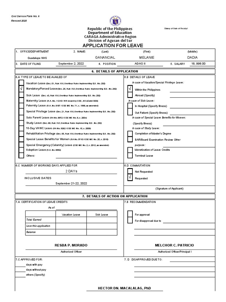 CS Form No. 6 Revised 2020 Application For Leave | PDF | Parental Leave ...
