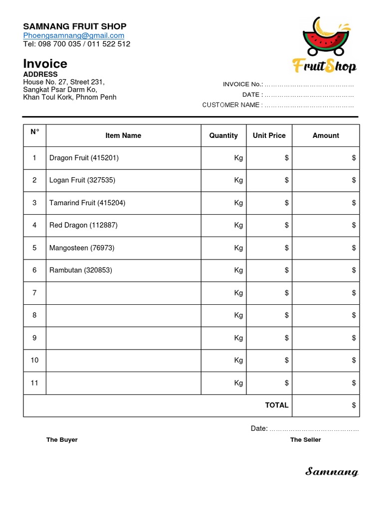 Samnang Fruit Shop Invoice 2020 | PDF