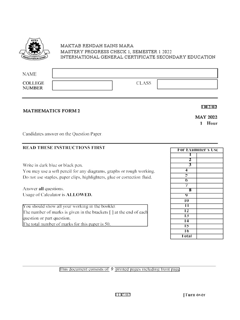 Soalan MPC 1 MM F2 Set 2 | PDF | Equations | Algebra