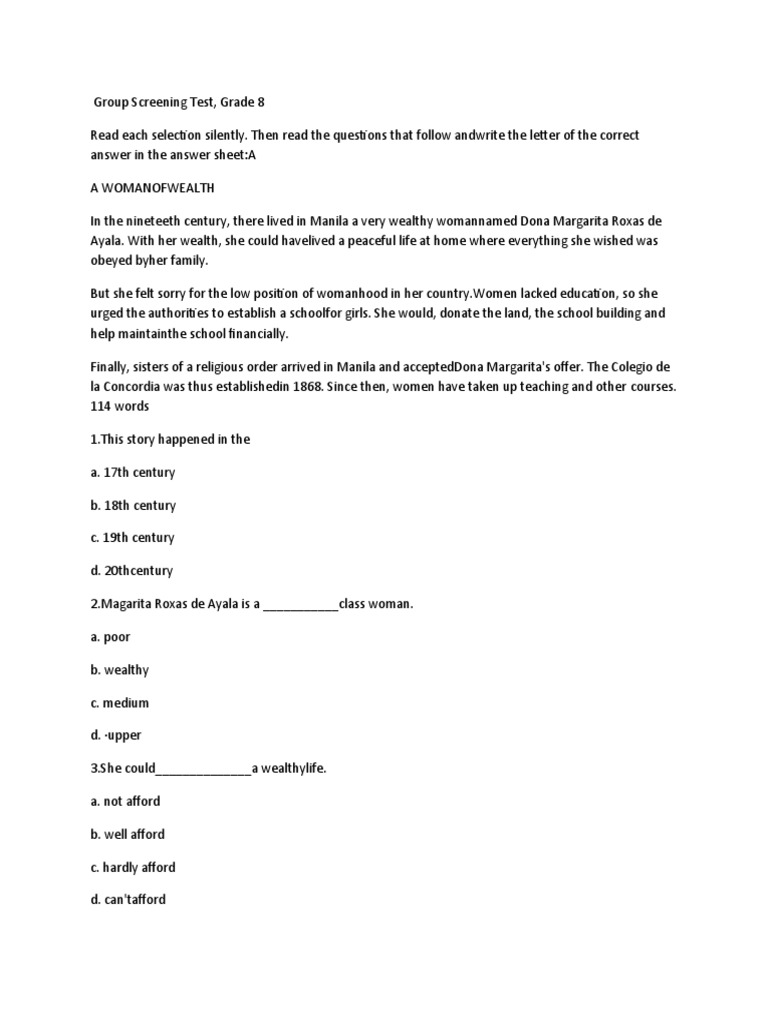Grade 8 Reading Comprehension Test | PDF | Social Science | History
