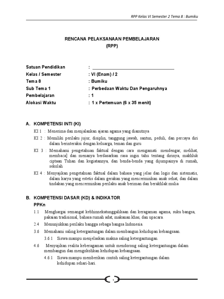 8 RPP KELAS VI Tema 8 Bumiku | PDF | Sains & Matematika